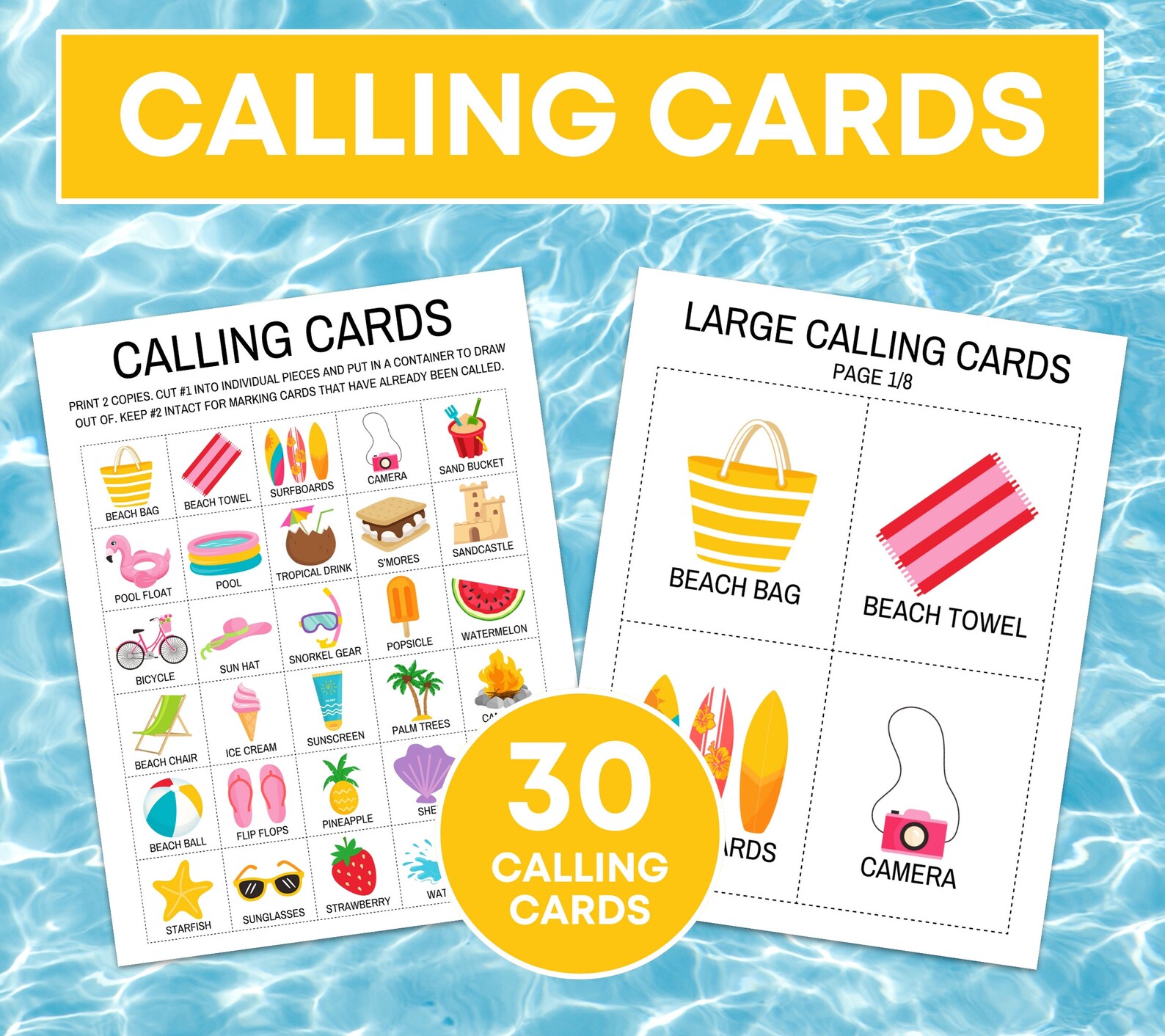 30 Summer Bingo Cards Printable Game, Summer Birthday Party Bingo Game ...