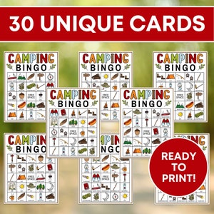 30 Camping Bingo Cards Printable Game, Camping Party Bingo Game ...