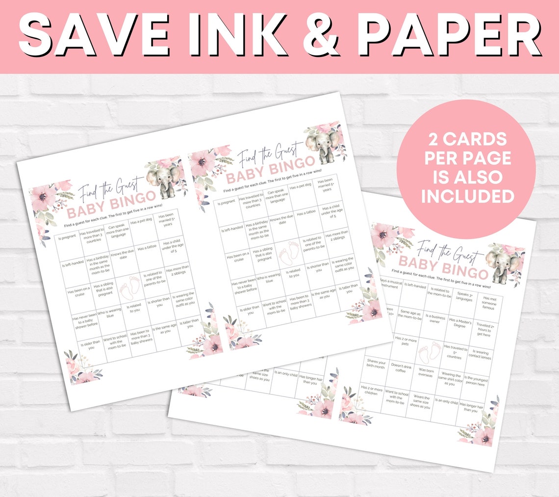 Elephant Baby Shower Bingo Cards, Baby Girl Shower Mingle Icebreaker ...