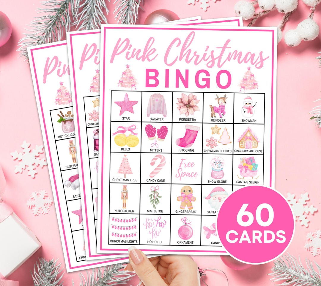 60 Pink Christmas Bingo Card Printable Game,girls Night Christmas Party ...