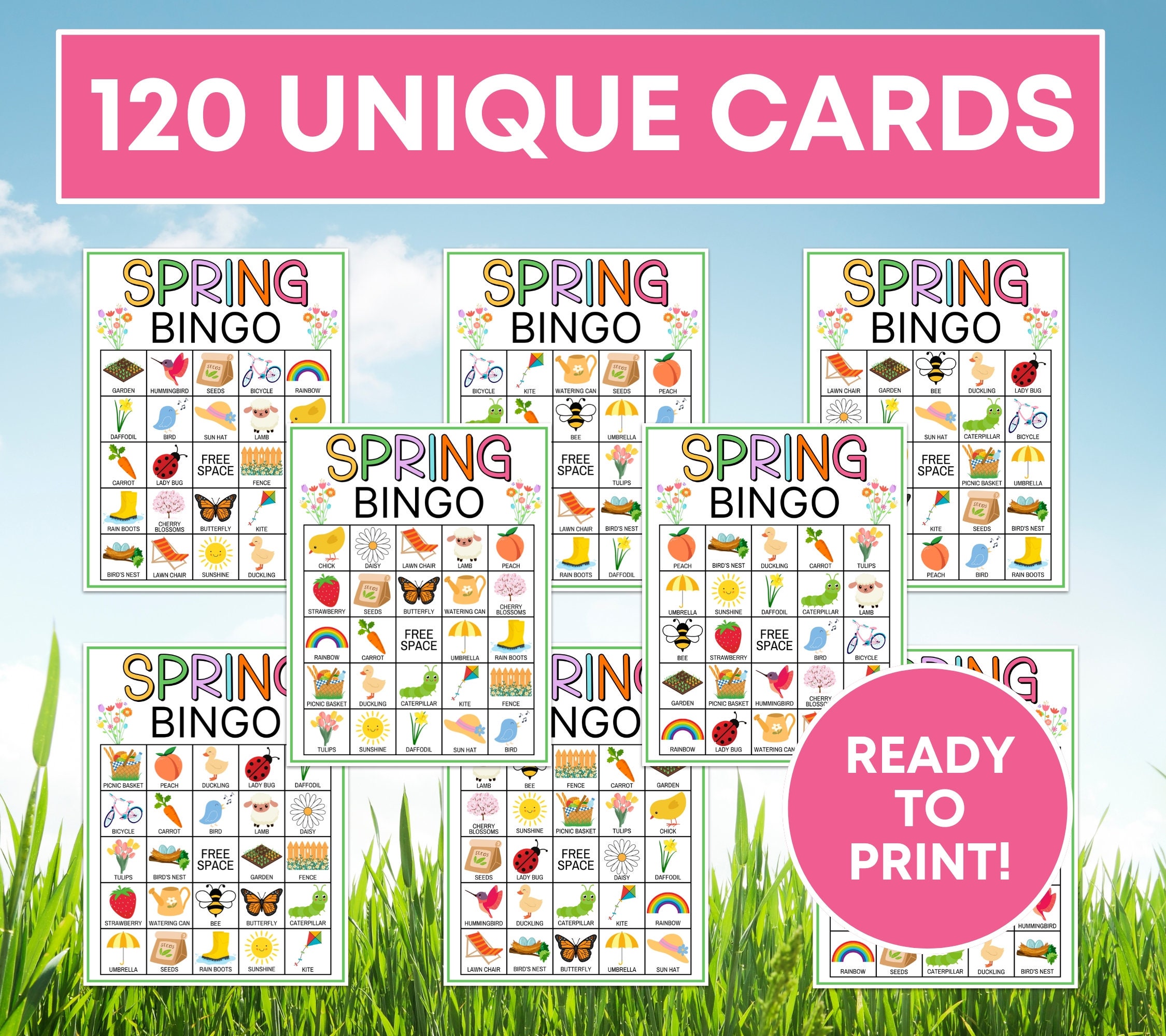 120 Spring Bingo Cards Printable Game, Spring Bingo Kids Classroom ...