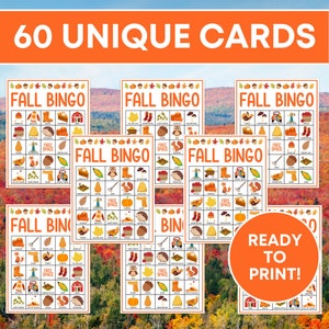 60 Fall Bingo Cards Printable Game, Fall Autumn Bingo Boards, Fall ...