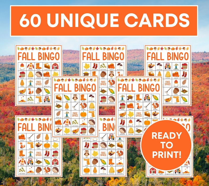 60 Fall Bingo Cards Printable Game, Fall Autumn Bingo Boards, Fall ...