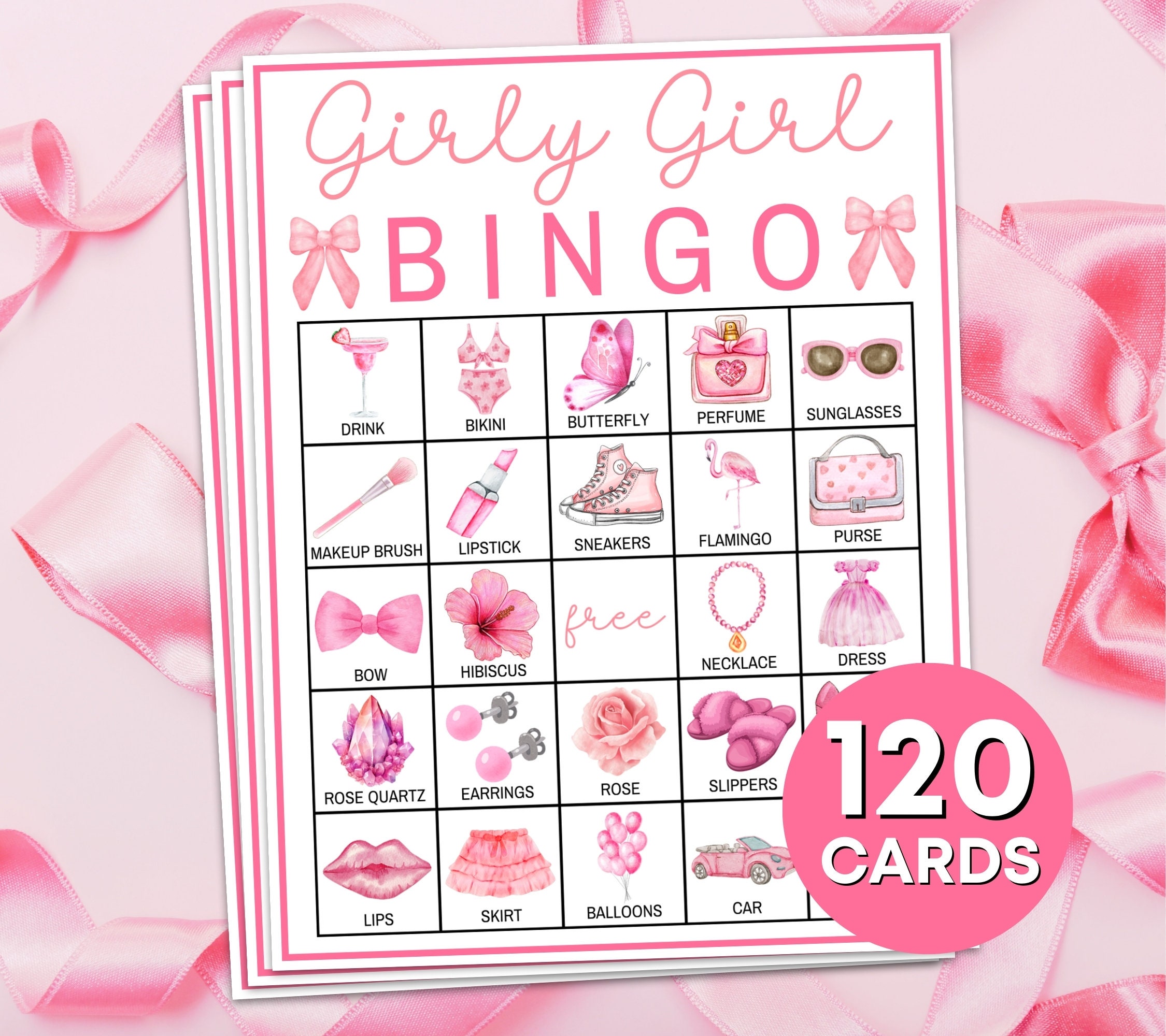 120 Girly Pink Aesthetic Bingo Cards Printable Game, Pink Girl Coquette ...