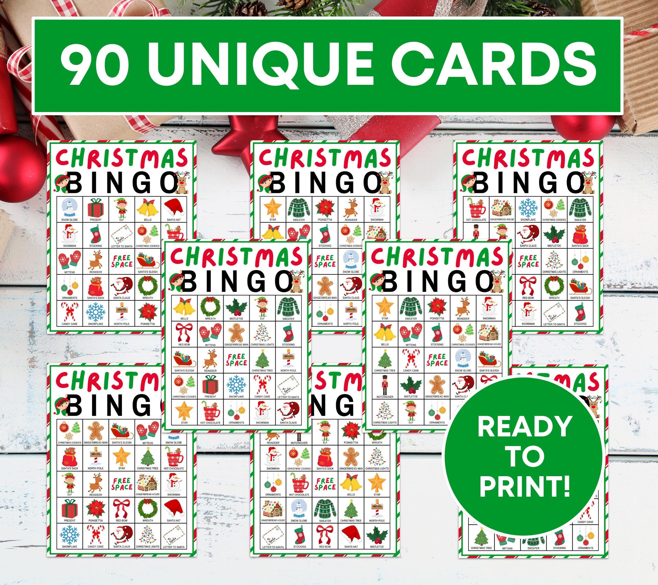 90 Christmas Bingo Card Printable Game,christmas Bingo Board Game for ...