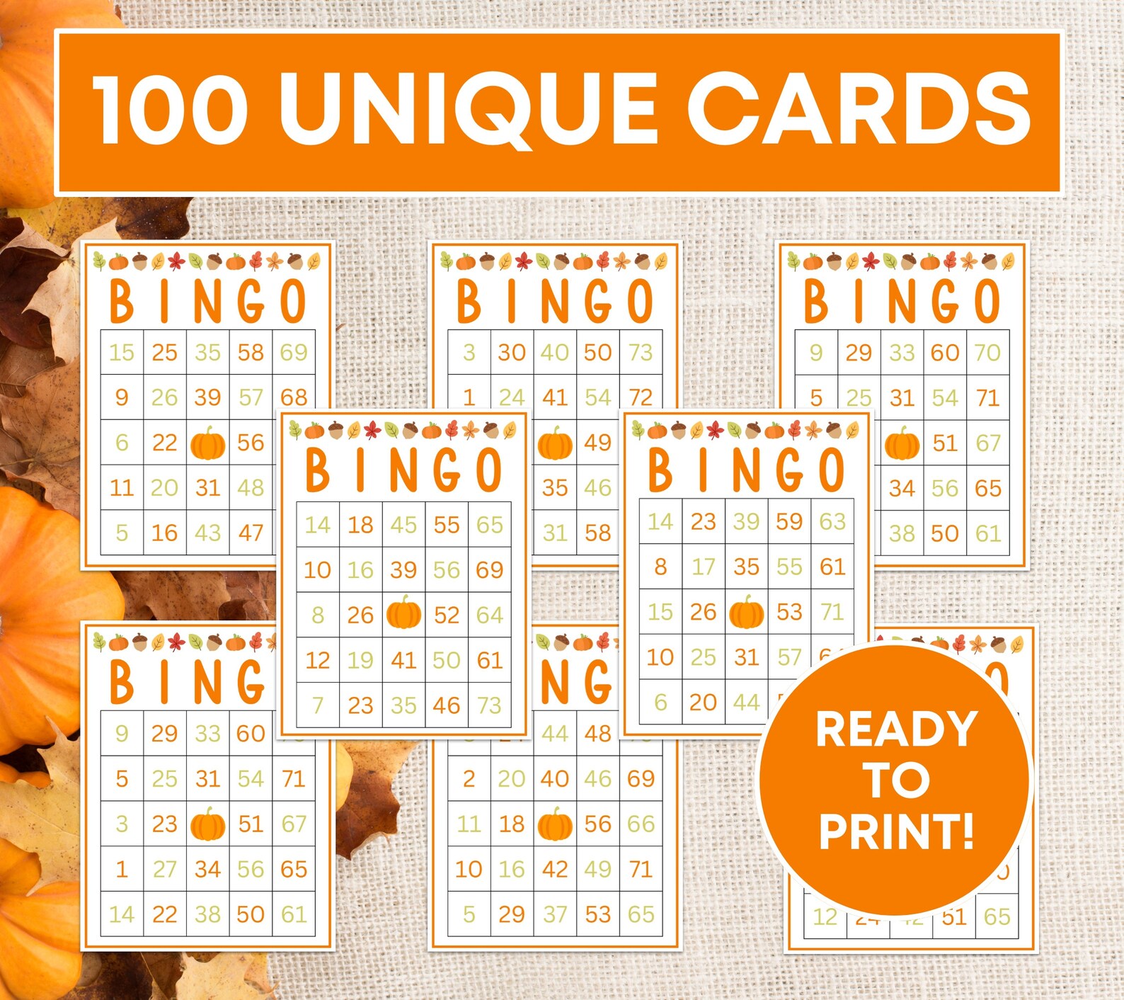 100 Fall Bingo Cards Printable Game, Fall Autumn Bingo Boards, Fall ...