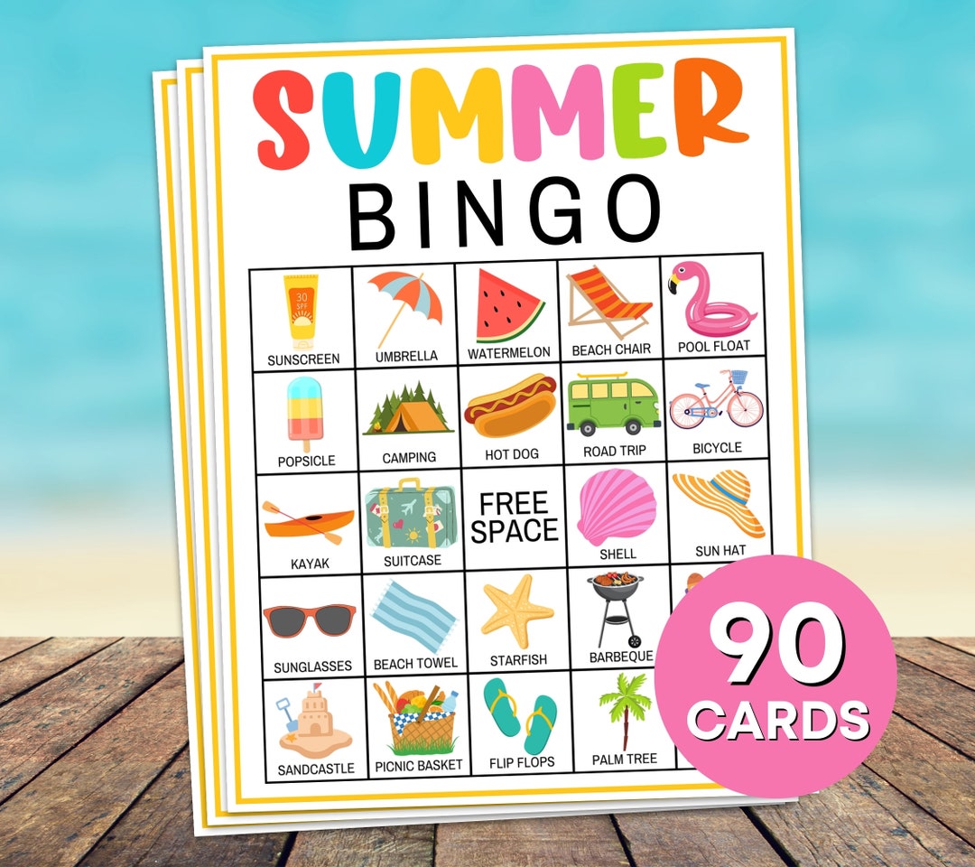 90 Summer Bingo Cards Printable Game, Summer Birthday Party Bingo Game ...