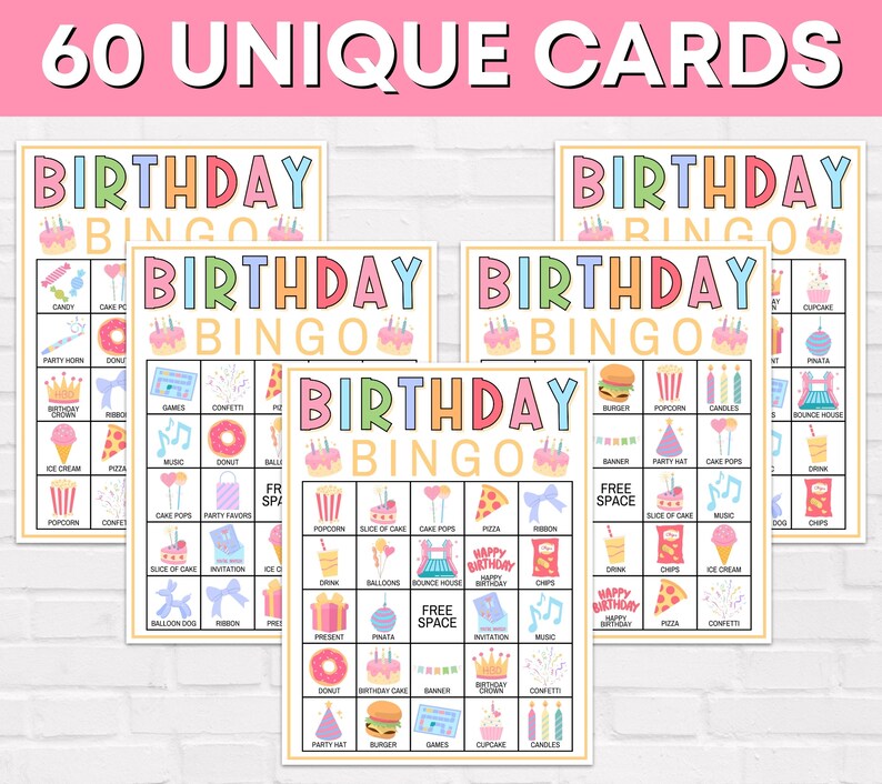 60 Birthday Bingo Cards Printable Game, Pastel Kids Birthday Bingo ...