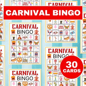 30 Carnival Bingo Cards Printable Game, Carnival Party Bingo Boards ...
