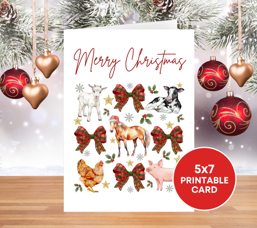Farm Animals Christmas Printable Card, Christmas Farm Card, Farmer ...