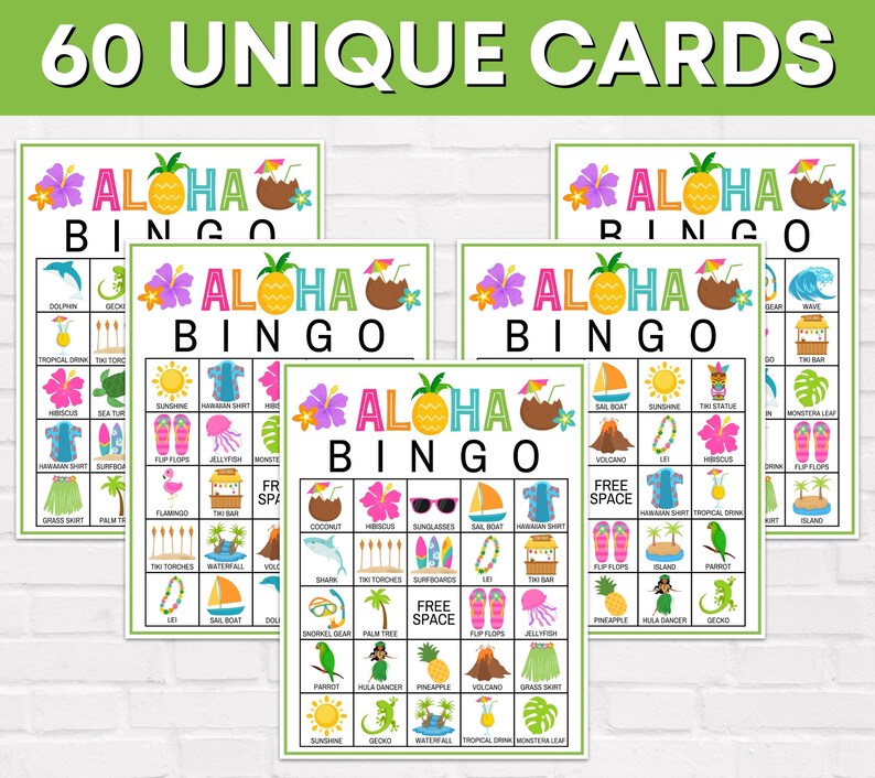 60 Aloha Bingo Cards Printable Game, Luau Hawaiian Birthday Party Bingo ...