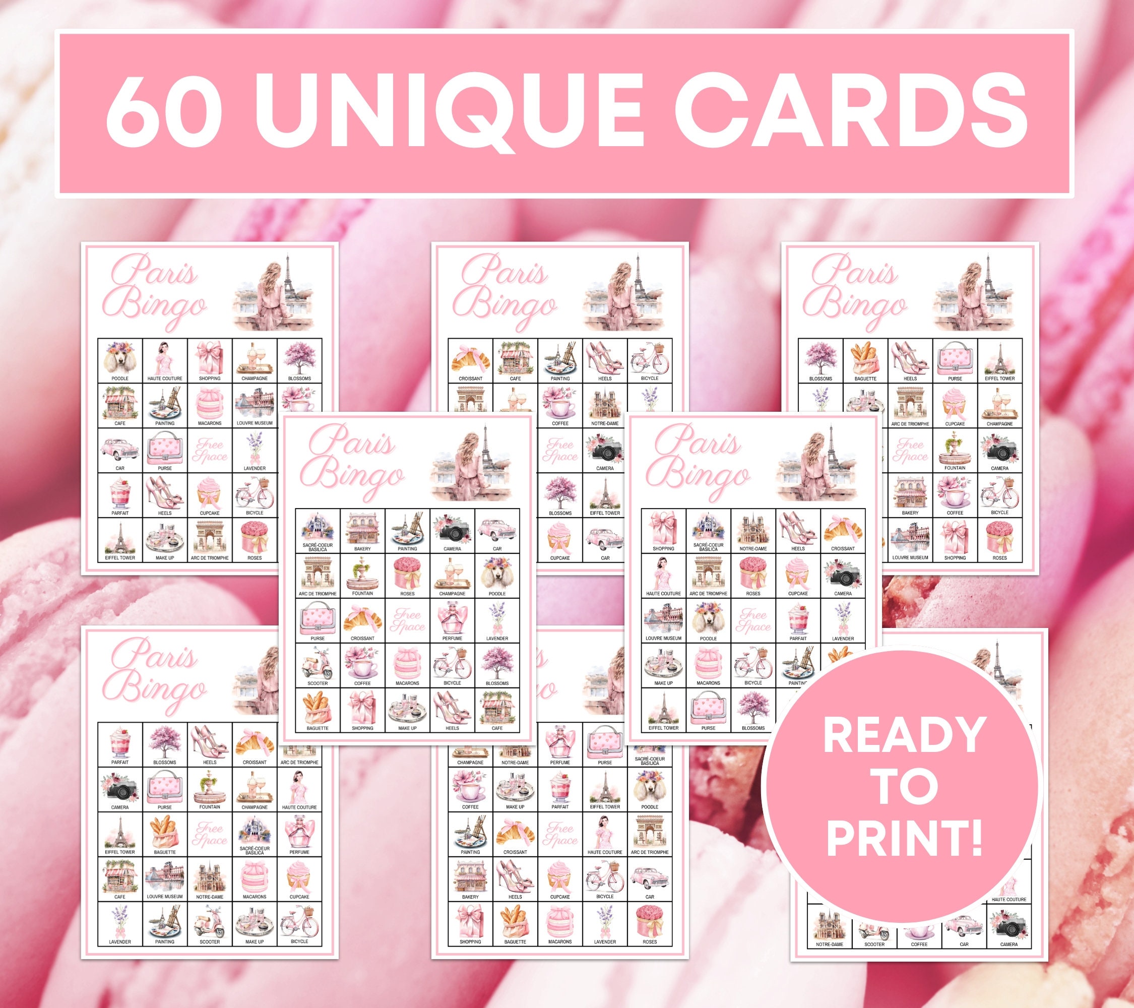 60 Paris Bingo Cards Printable Game, Pink Aesthetic Paris France Bingo ...