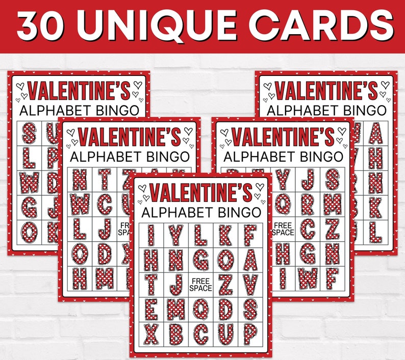 30 Valentines Alphabet Bingo Game Cards Printable, Valentine Classroom ...