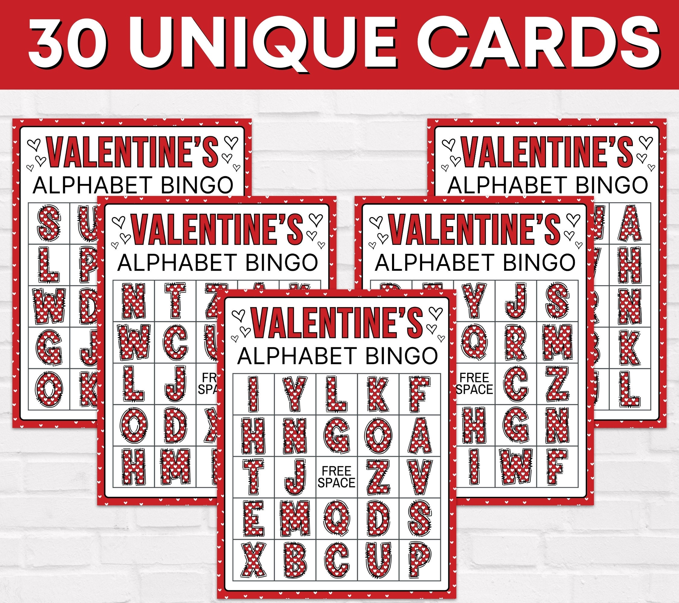 30 Valentines Alphabet Bingo Game Cards Printable, Valentine Classroom ...
