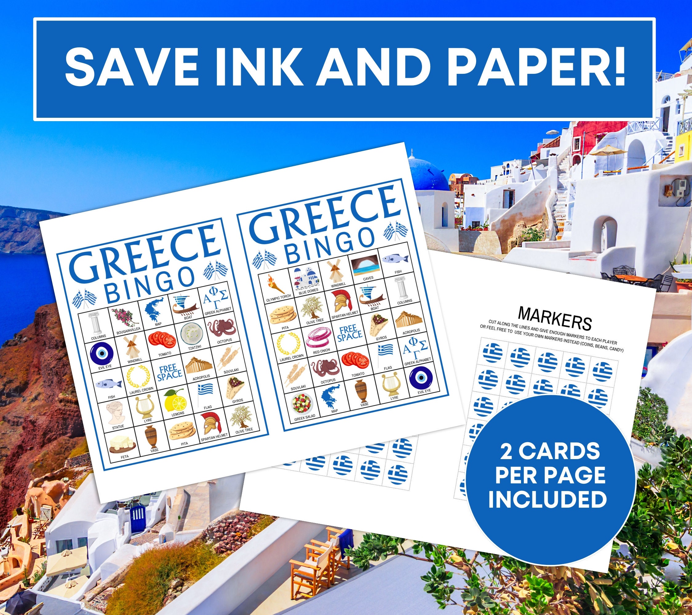 120 Greece Bingo Cards Printable Game, Greece Travel Bingo Boards Game ...