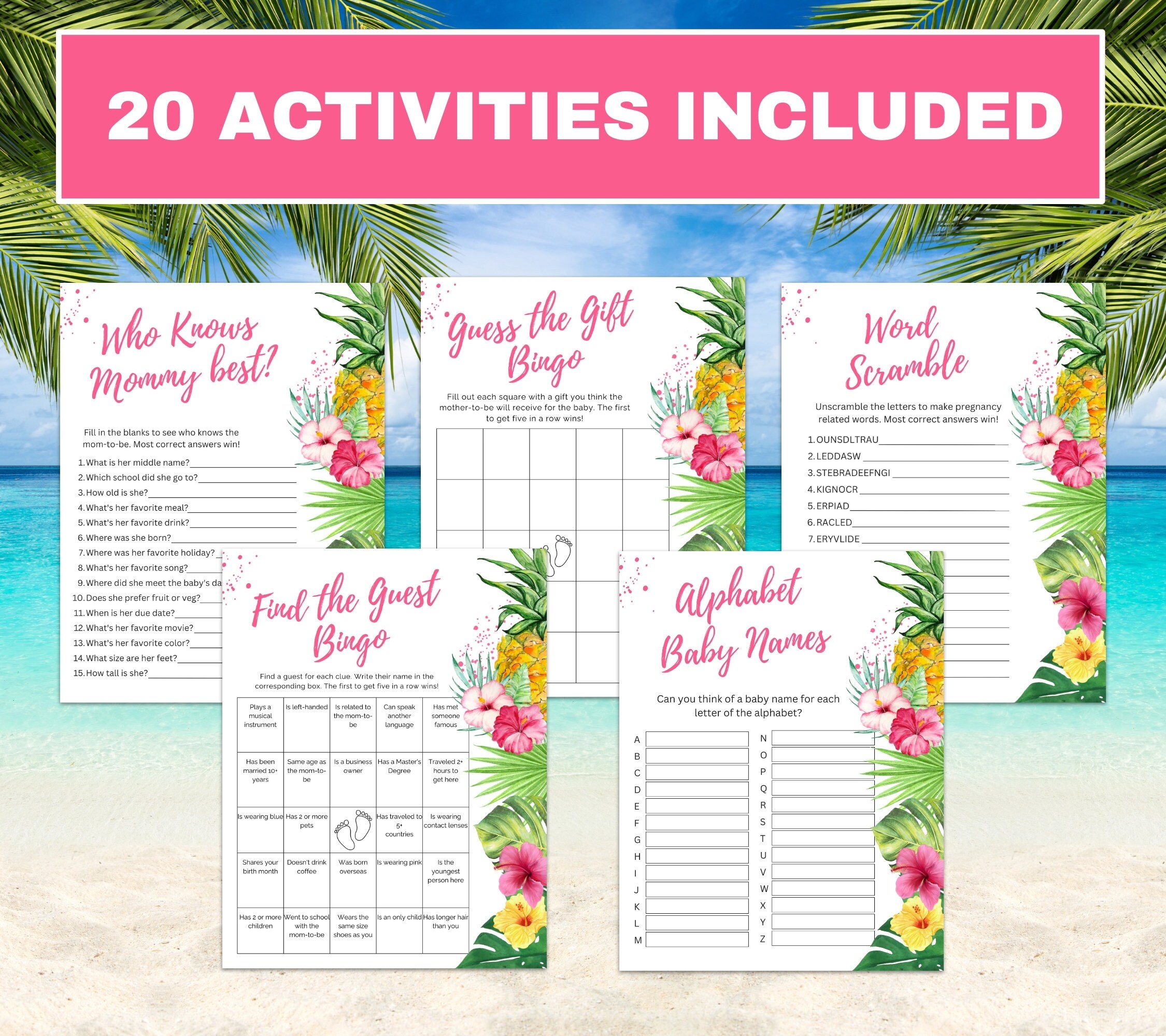 Aloha Baby Shower Games Printable Bundle, Aloha Tropical Baby Shower ...