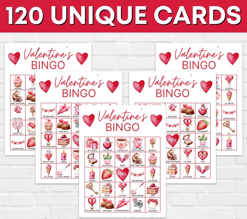 120 Valentines Bingo Game Cards Printable, Valentines Day Bingo Cards ...