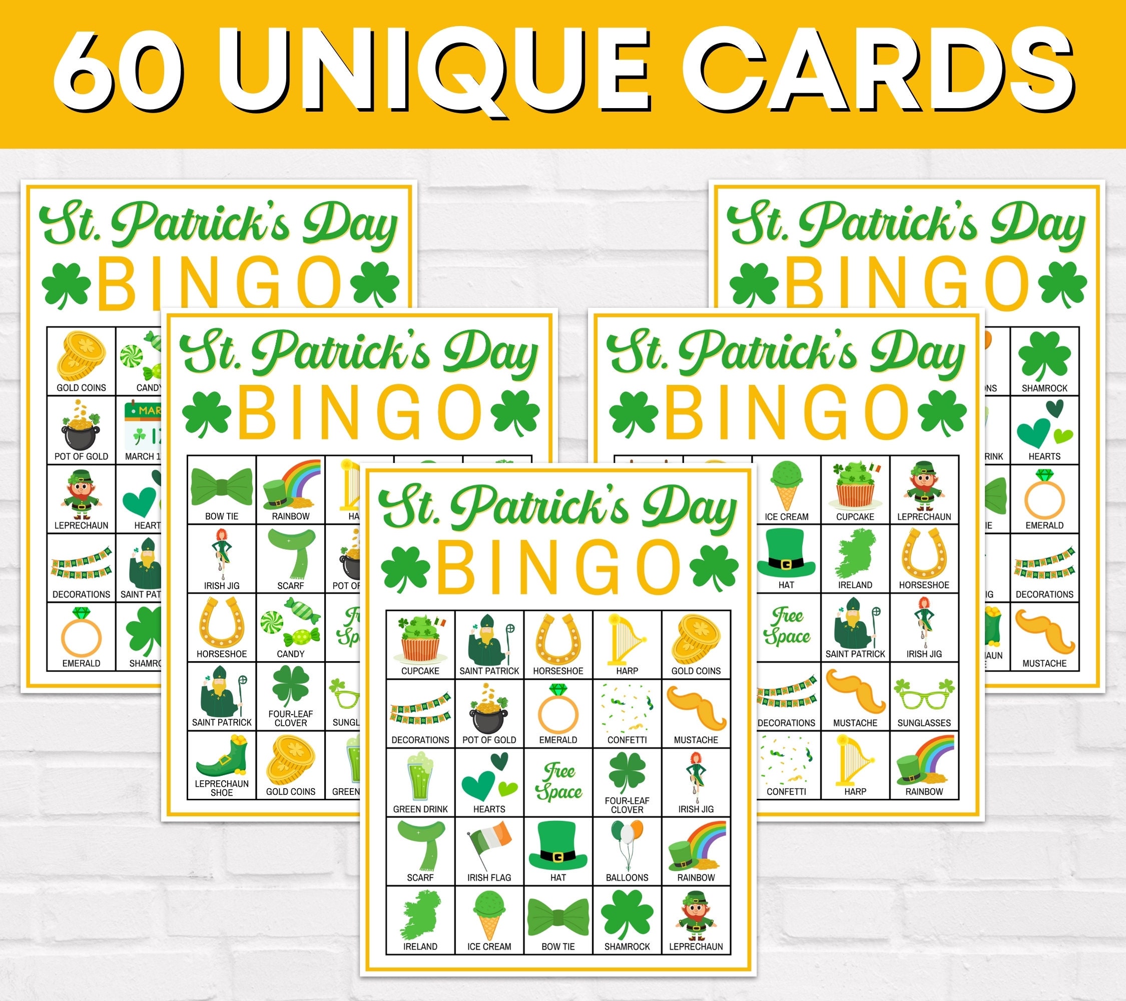 60 St Patricks Day Bingo Cards Game Printable, St Patrick Bingo Board ...
