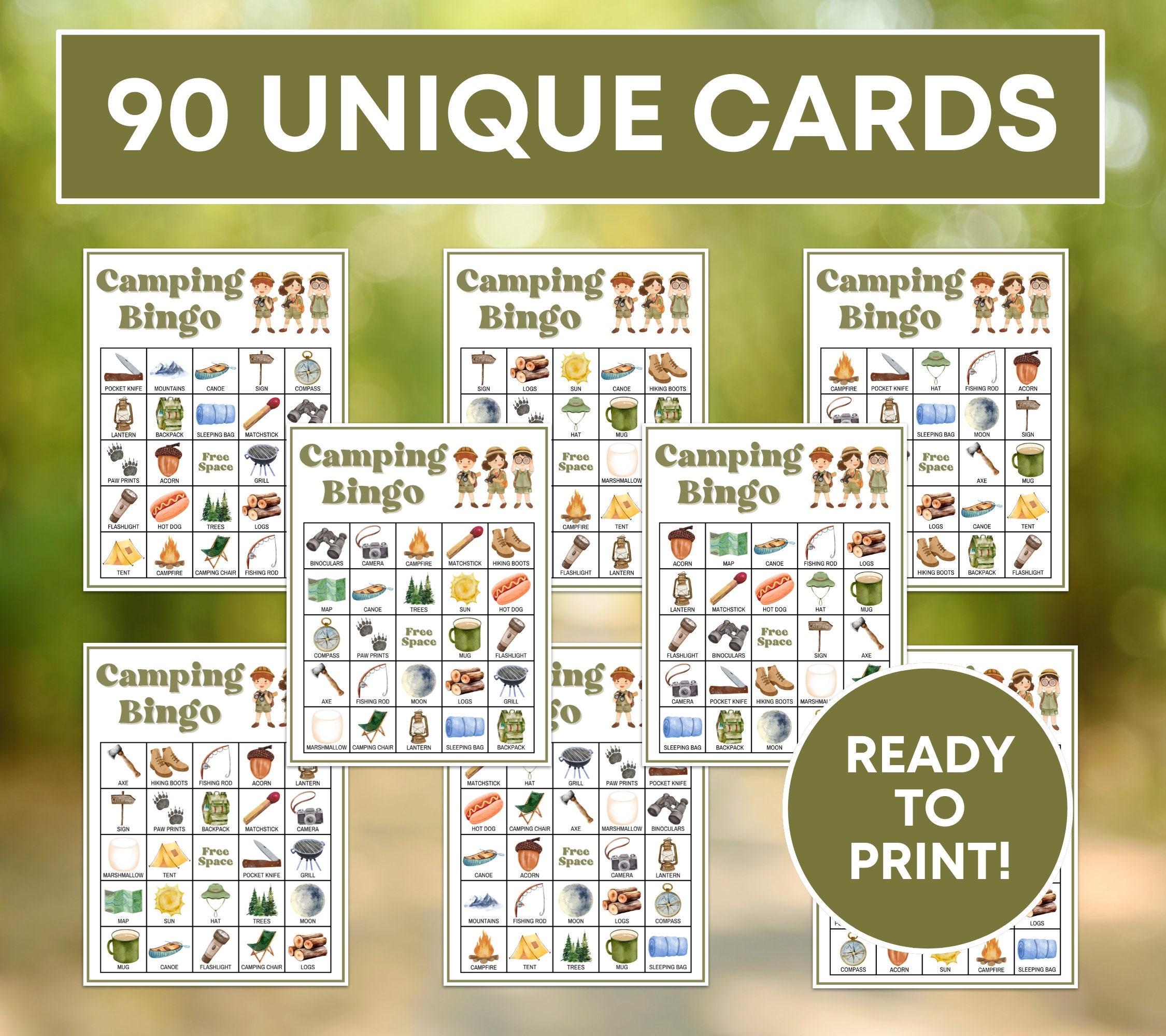 90 Camping Bingo Cards Printable Game, Camping Party Bingo Game ...
