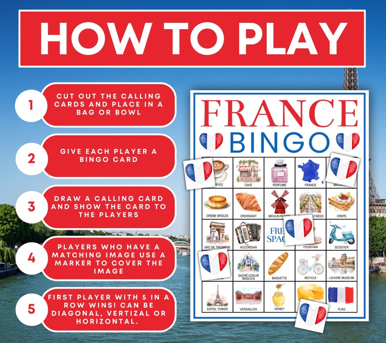 60 France Bingo Cards Printable Game, Paris France Travel Bingo Boards ...