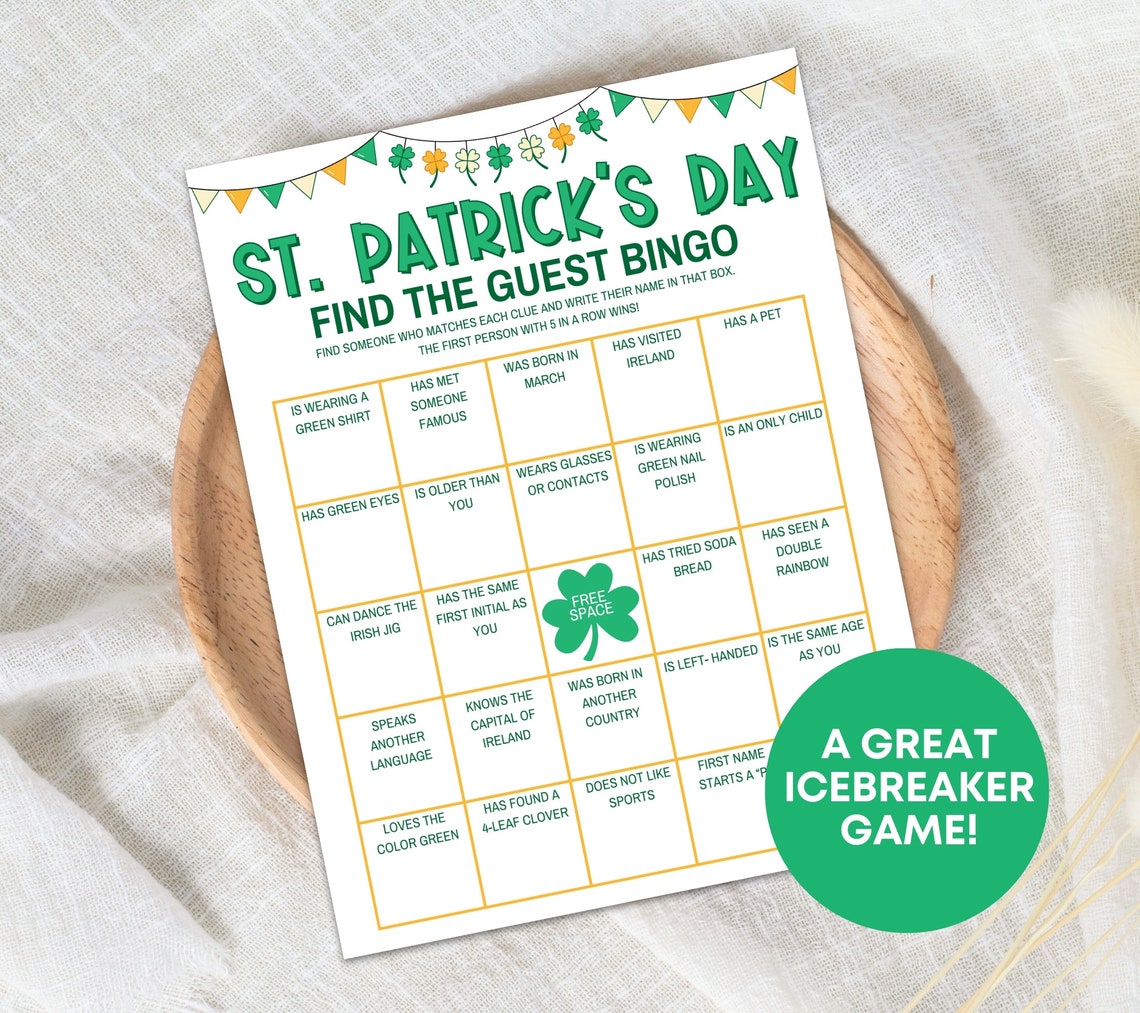 St Patrick's Day Find the Guest Bingo Game, St Patricks Day Party ...