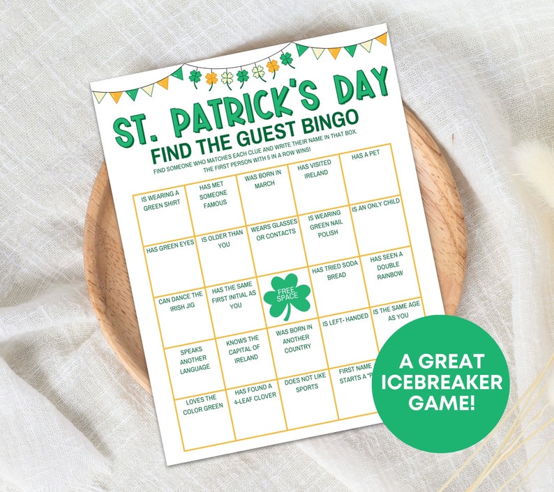 St Patrick's Day Find the Guest Bingo Game, St Patricks Day Party ...
