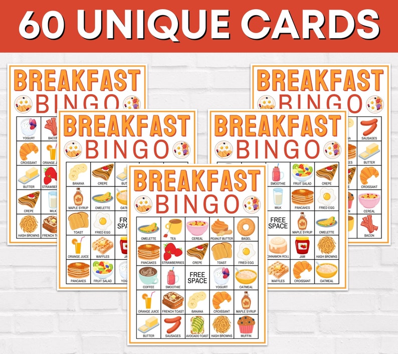 60 Breakfast Bingo Cards Printable Game, Sunday Brunch Bingo Board Game ...