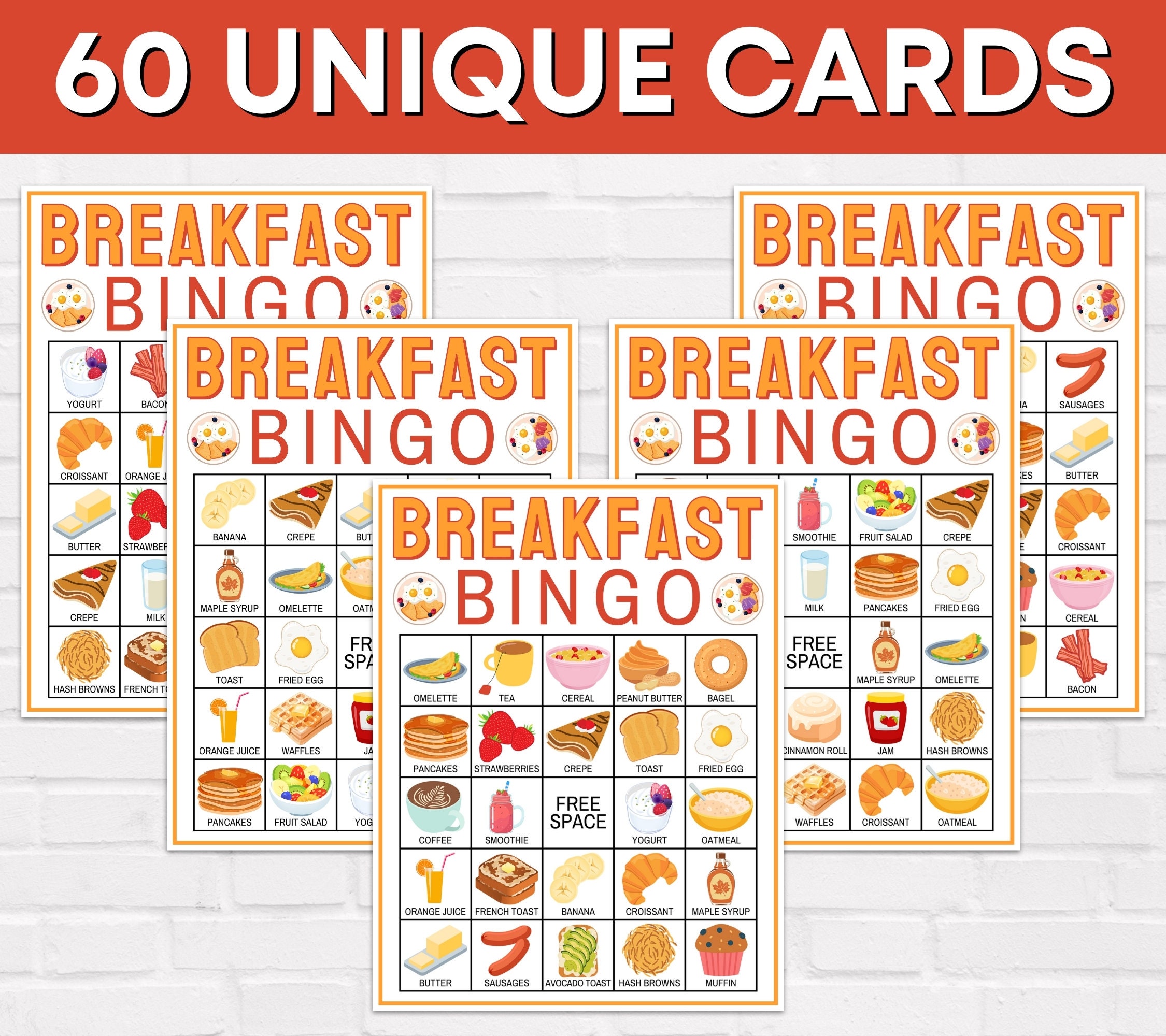 60 Breakfast Bingo Cards Printable Game, Sunday Brunch Bingo Board Game ...