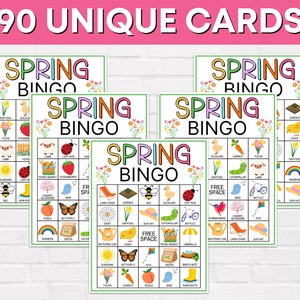 90 Spring Bingo Cards Printable Game, Spring Bingo Kids Classroom ...
