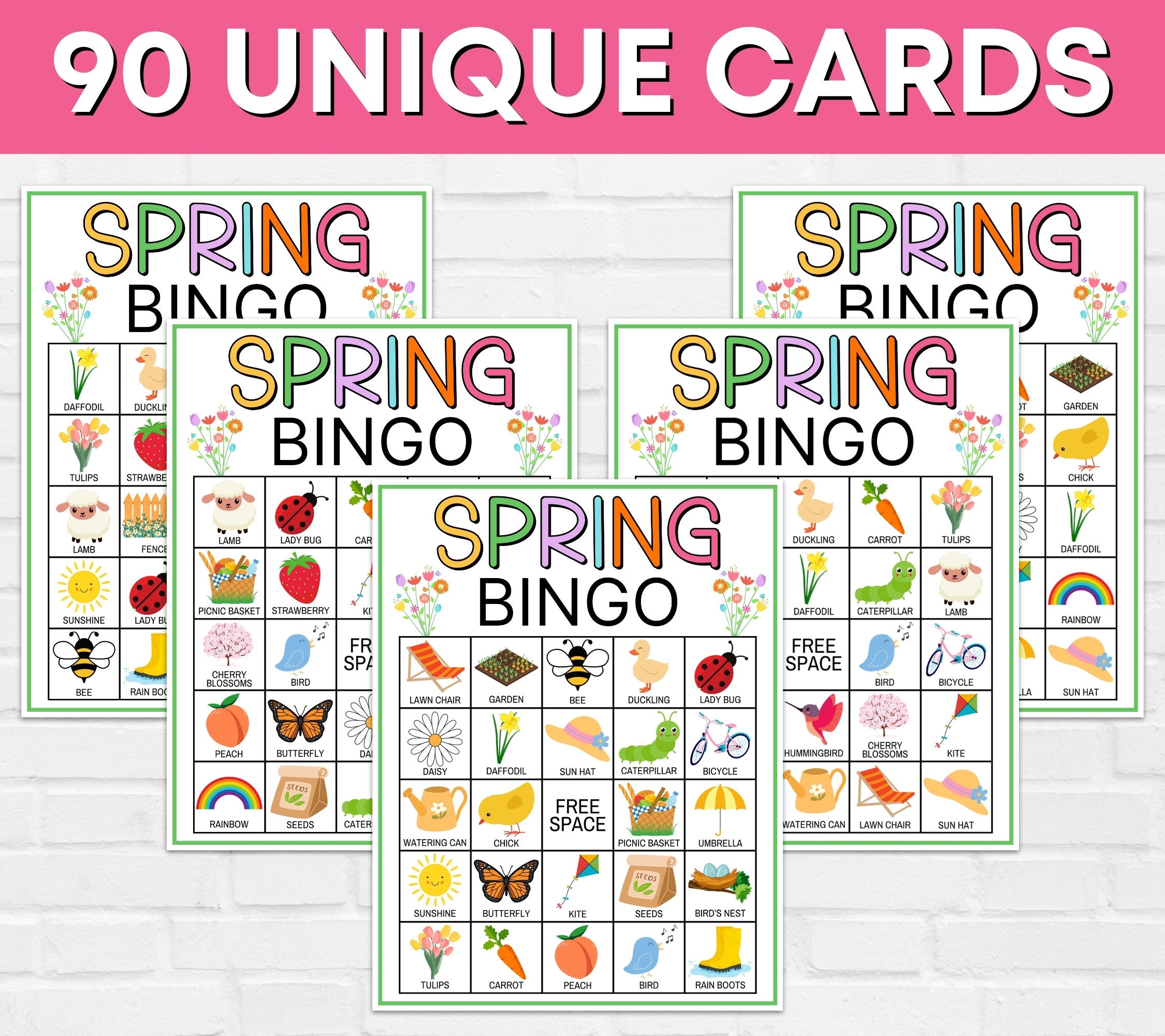 90 Spring Bingo Cards Printable Game, Spring Bingo Kids Classroom ...