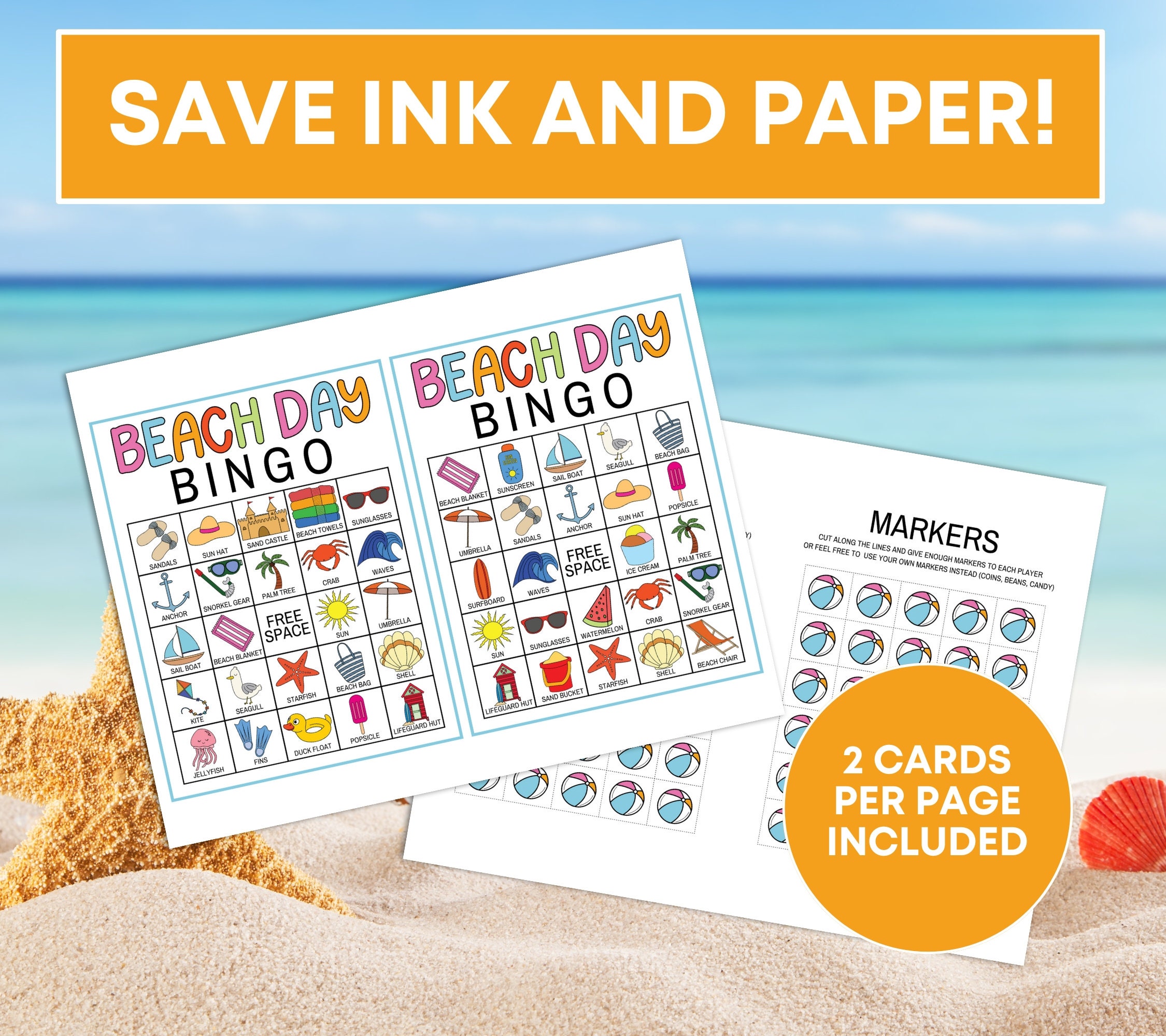 Juego imprimible de 60 cartas de bingo de playa, juego de bingo de ...