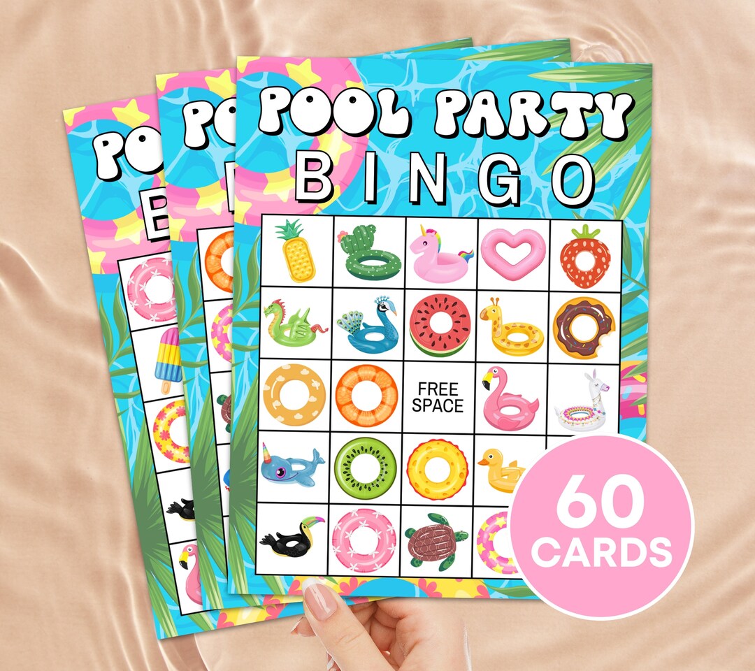 60 Pool Party Bingo Cards Printable Game, Summer Pool Party Birthday ...