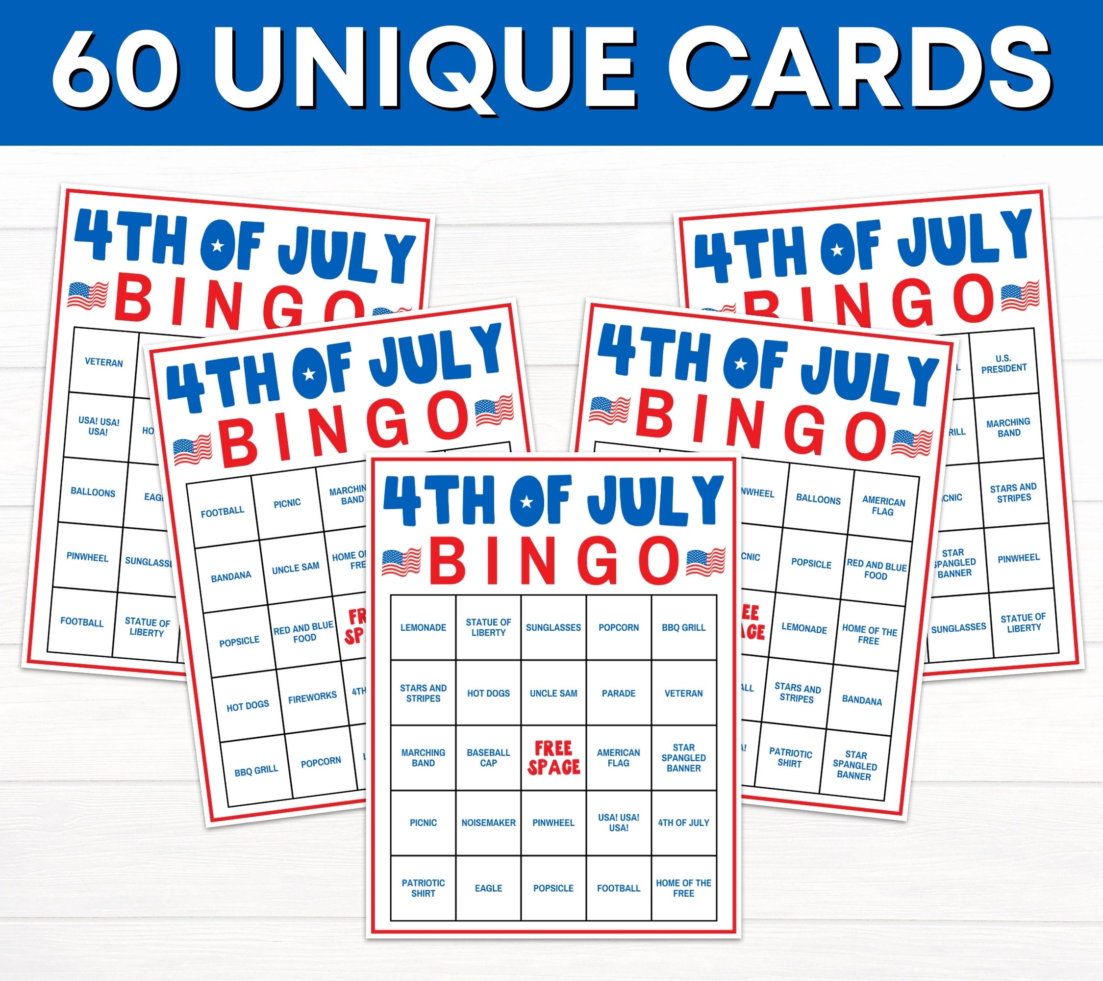 60 Fourth of July Bingo Cards Printable Game, 4th of July USA ...