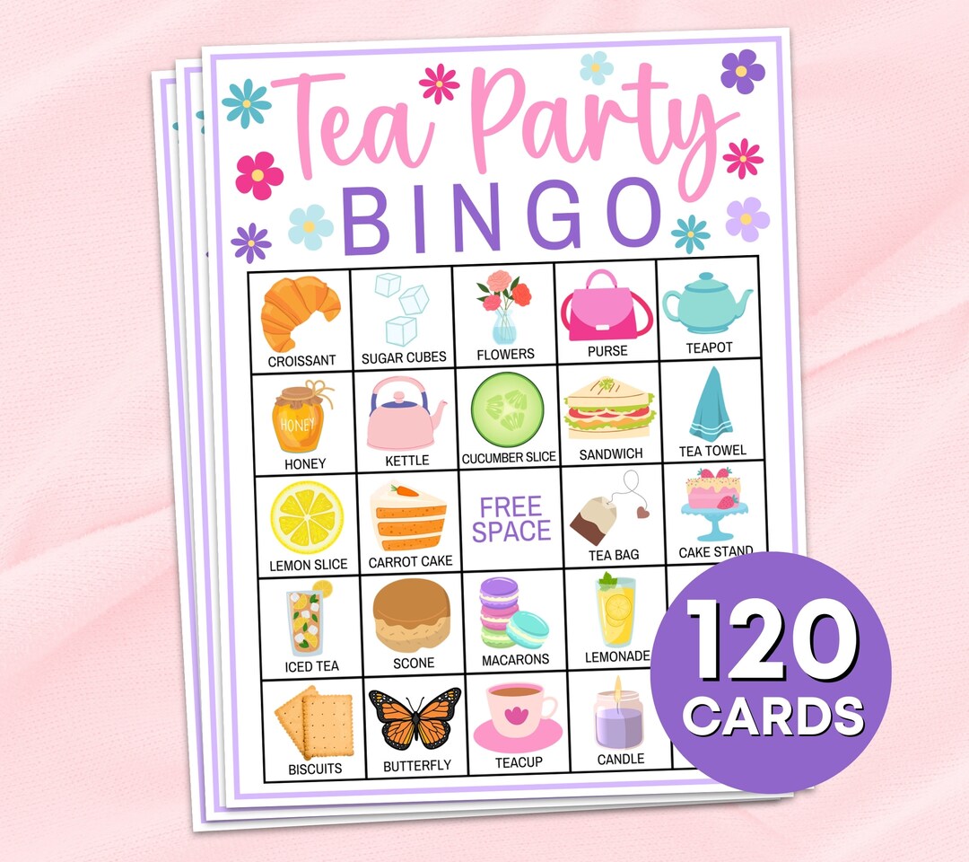 120 Tea Party Bingo Cards Printable Game, Tea Party Bridal Shower Bingo ...