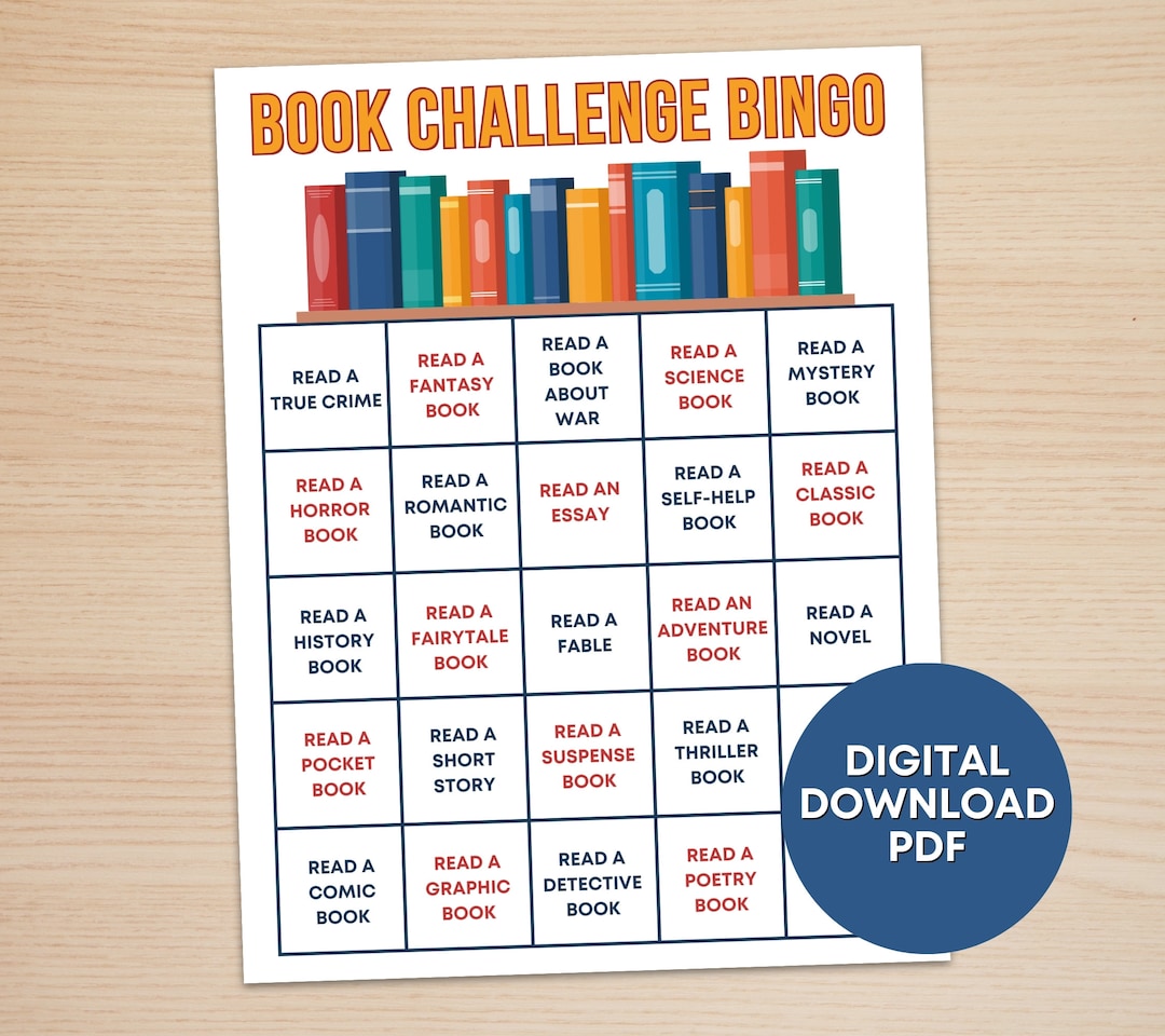 Book Challenge Bingo Printable, Reading Challenge Bingo PDF, Reading ...
