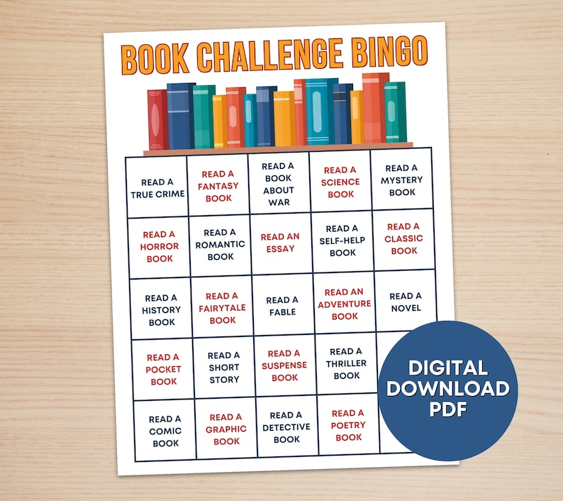 Book Challenge Bingo Printable, Reading Challenge Bingo PDF, Reading ...
