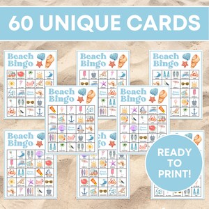 60 Beach Bingo Cards Printable Game, Beach Day Birthday Party Bingo ...
