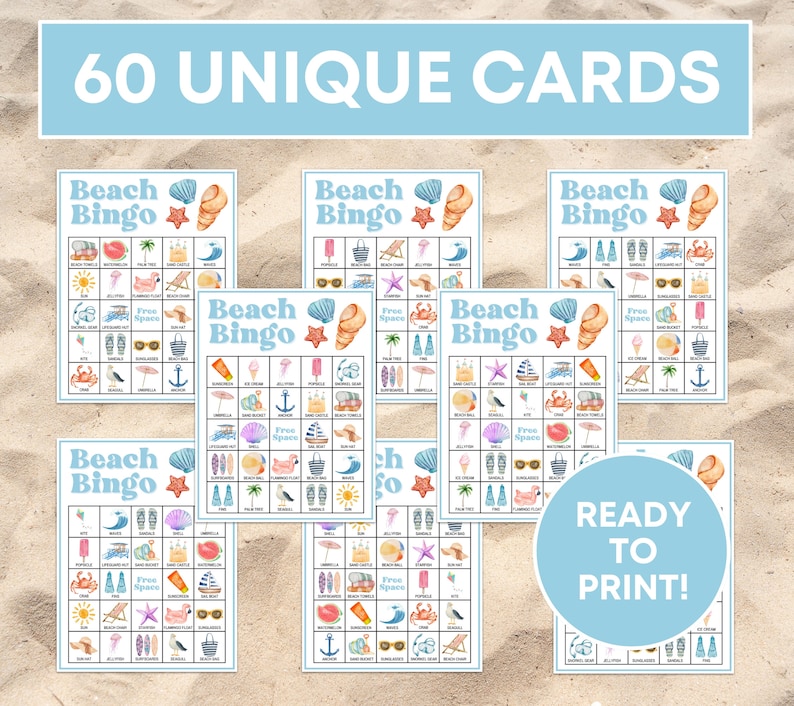60 Beach Bingo Cards Printable Game, Beach Day Birthday Party Bingo ...