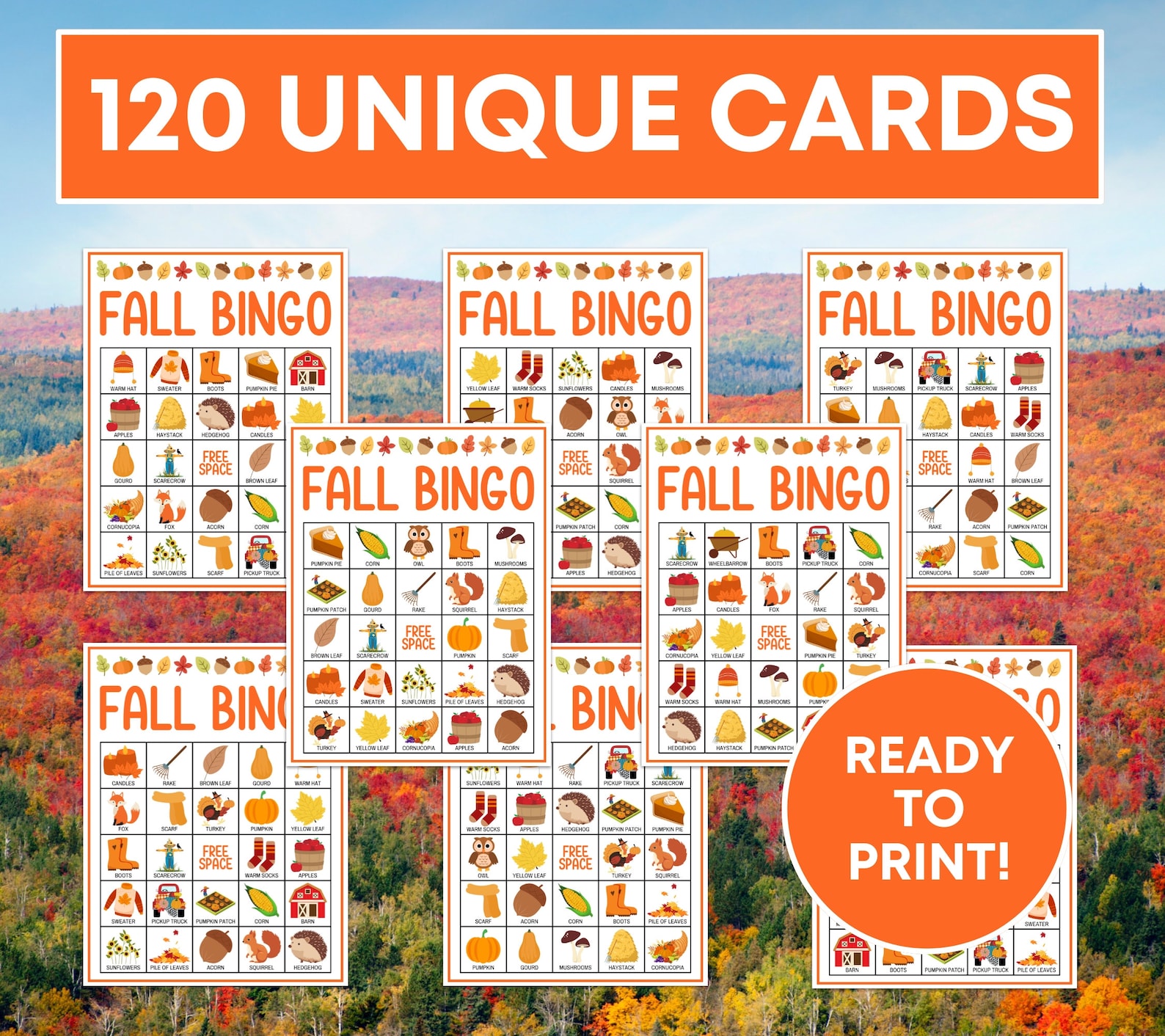 120 Fall Bingo Cards Printable Game, Fall Autumn Bingo Boards, Fall ...