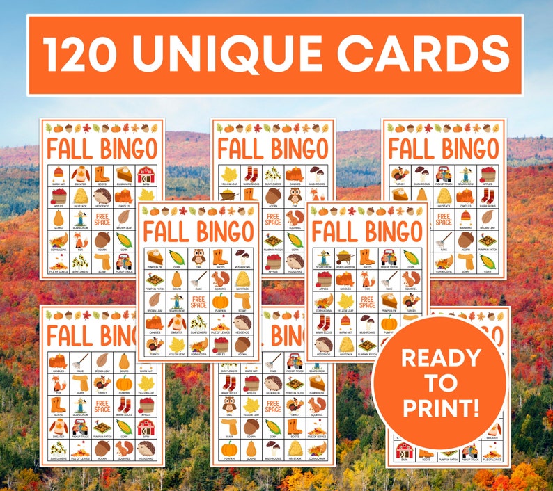120 Fall Bingo Cards Printable Game, Fall Autumn Bingo Boards, Fall ...