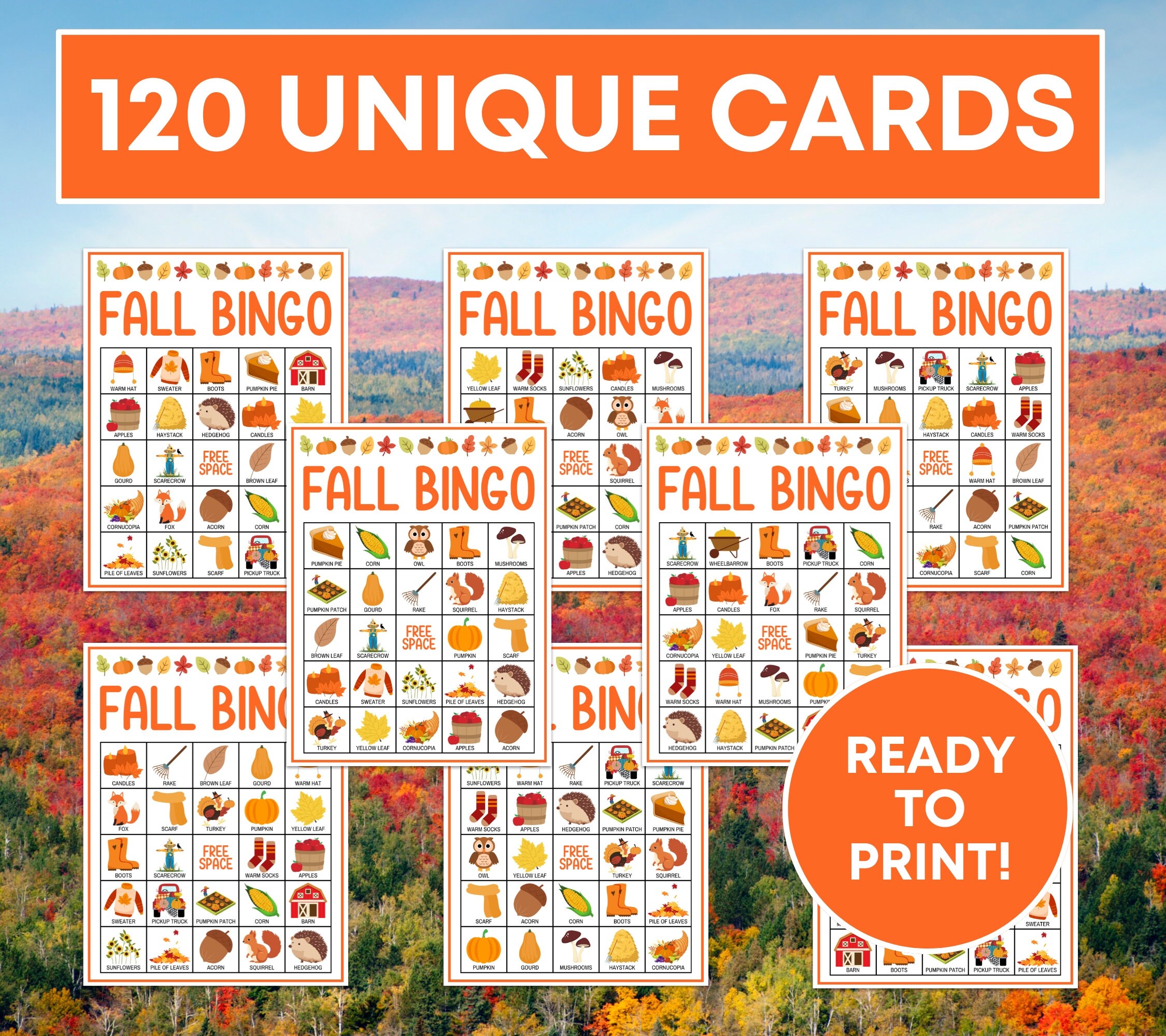120 Fall Bingo Cards Printable Game, Fall Autumn Bingo Boards, Fall ...