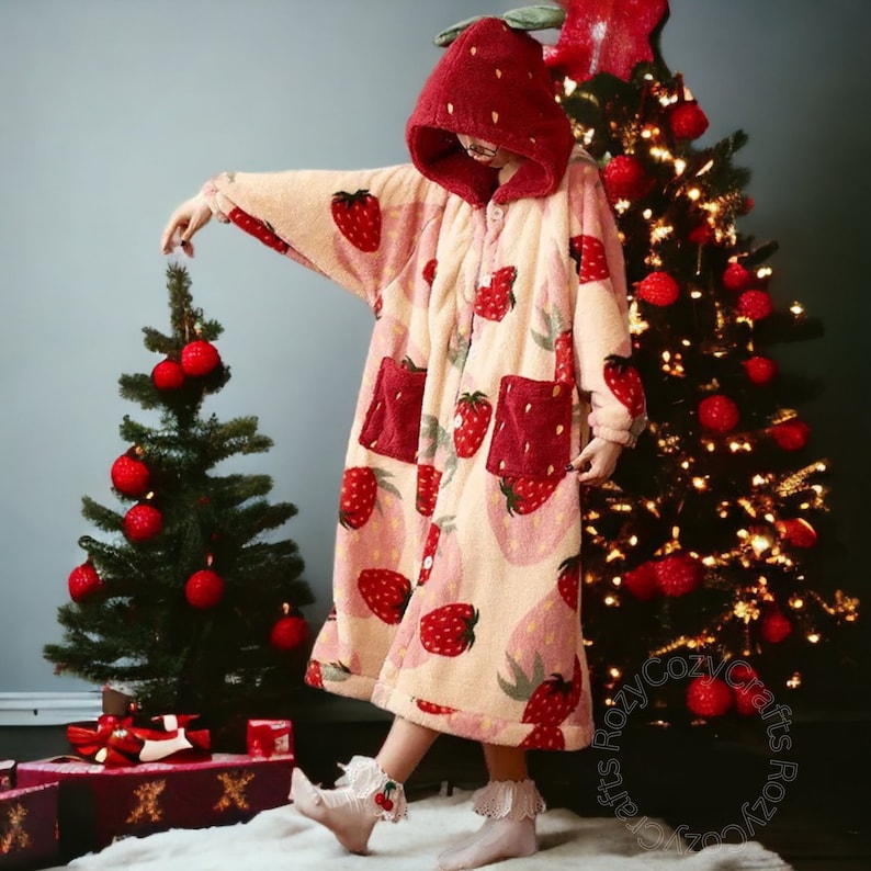 Snuggle-worthy Style: Cute Strawberry Hooded Robe for Cozy Evenings ...