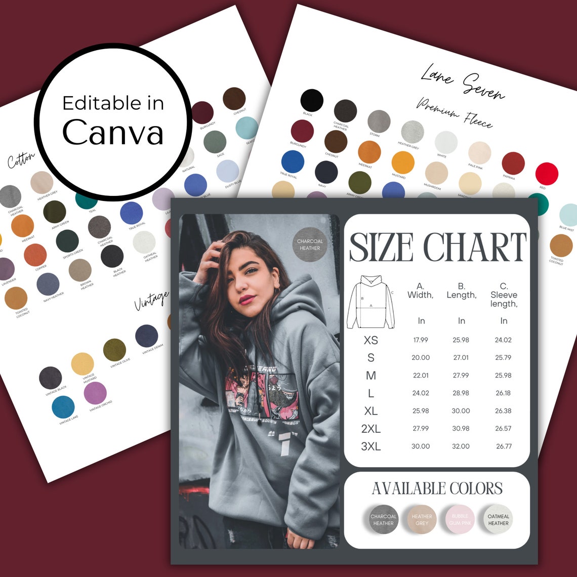 Lane Seven Color and Size Chart Bundle, Canva Color Chart, Canva Size ...