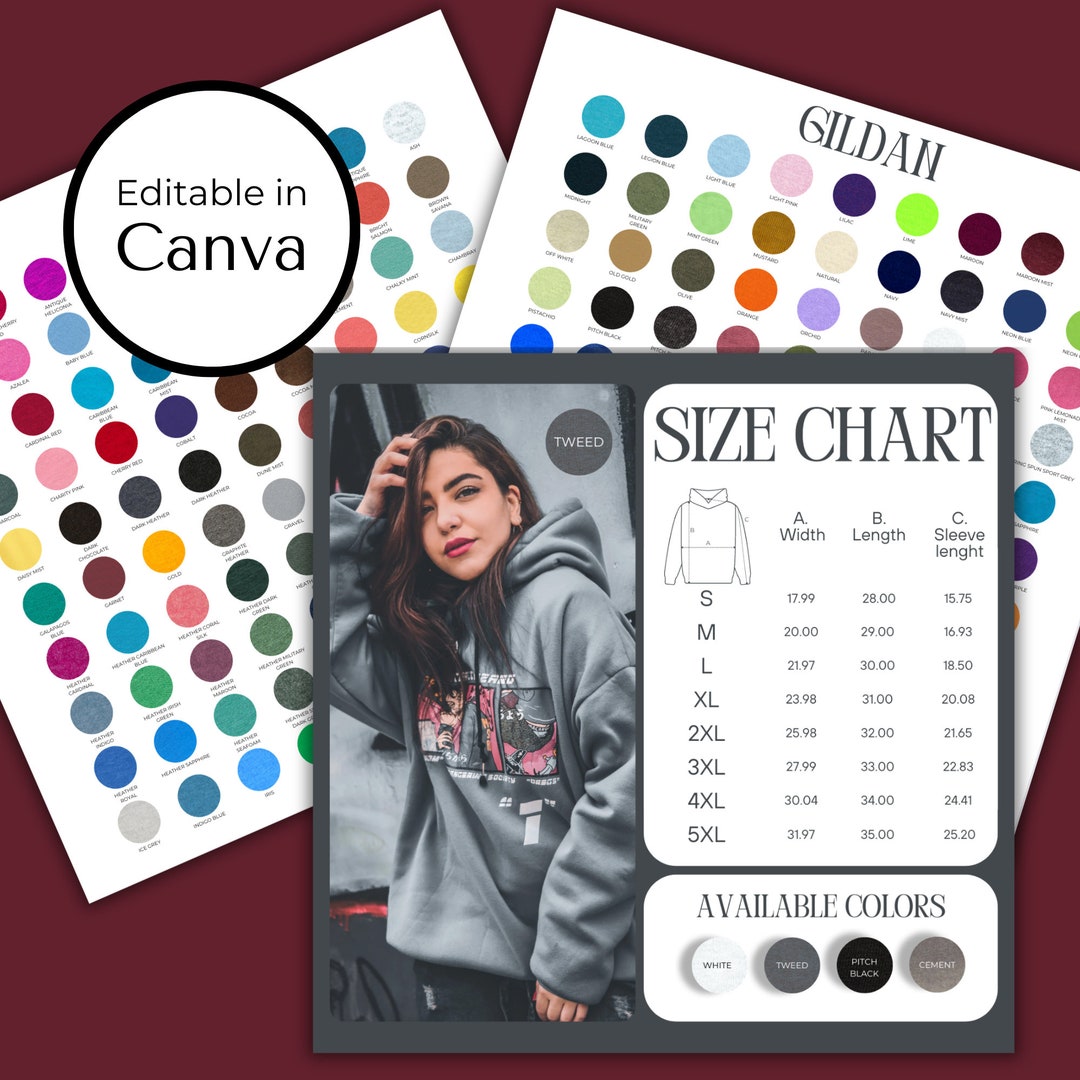 Gildan Color and Size Chart Bundle, Canva Color Chart, T-shirt Color ...