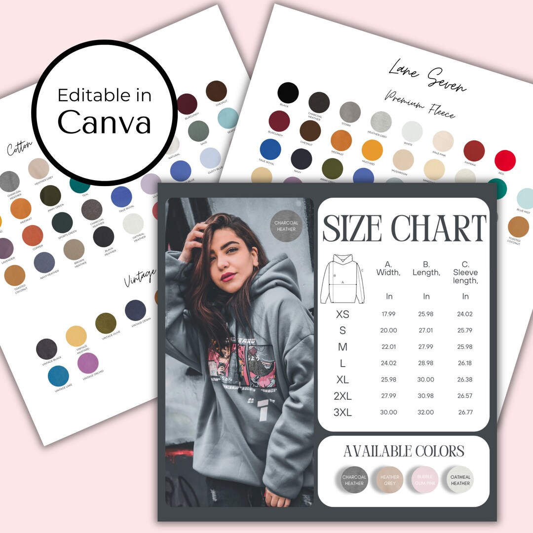 Lane Seven Color and Size Chart Bundle, Canva Color Chart, Canva Size ...