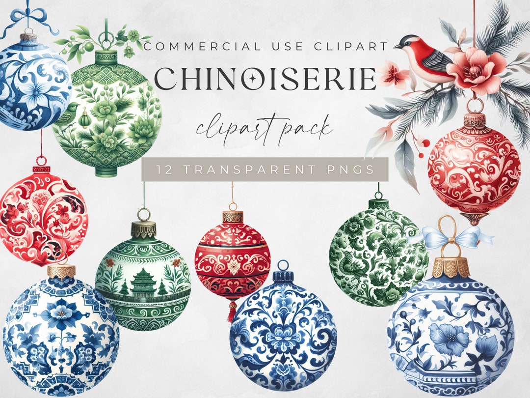 Chinoiserie Christmas Clipart: Watercolor Ornaments (PNG Digital ...