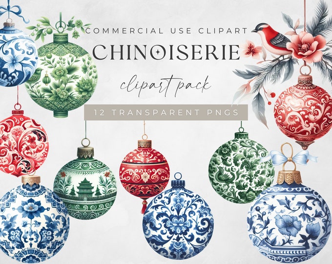 Chinoiserie Christmas Clipart: Watercolor Holly, Ornaments (digital ...