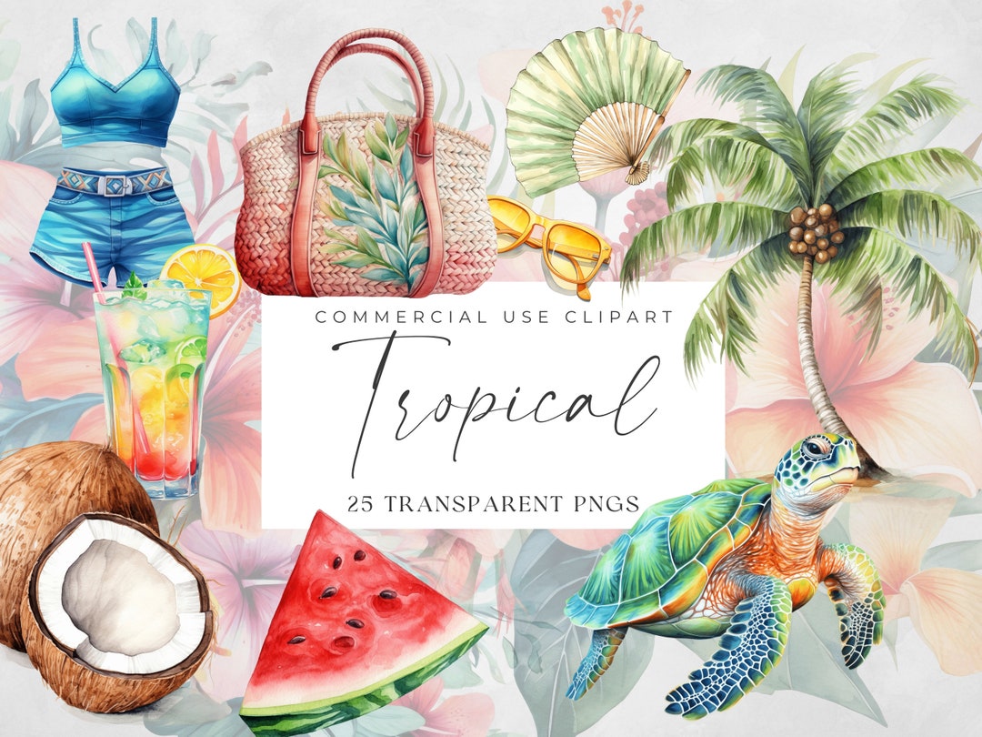 Watercolor Tropical Island Clipart, Hawaiian Plants Clip Art, Hawaii ...