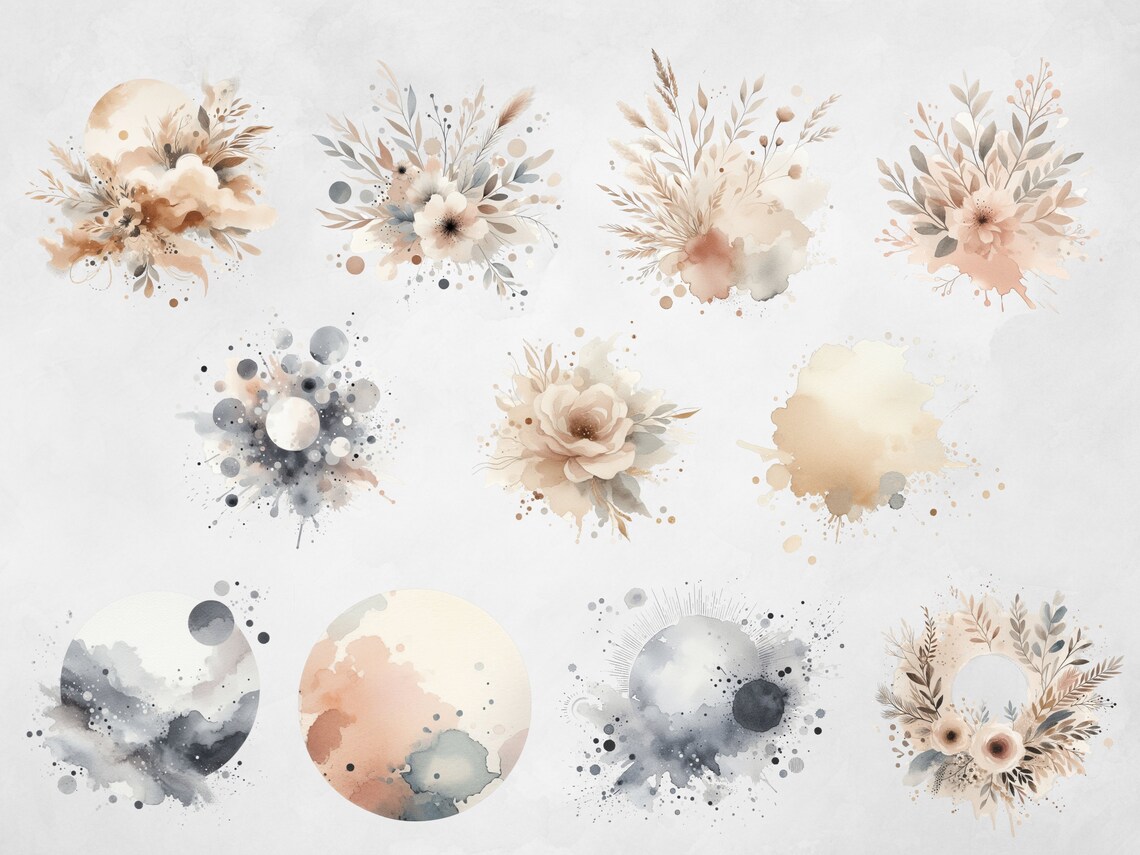 Neutral Watercolor Splatter Clipart, Boho Minimalist Splashes, Abstract ...