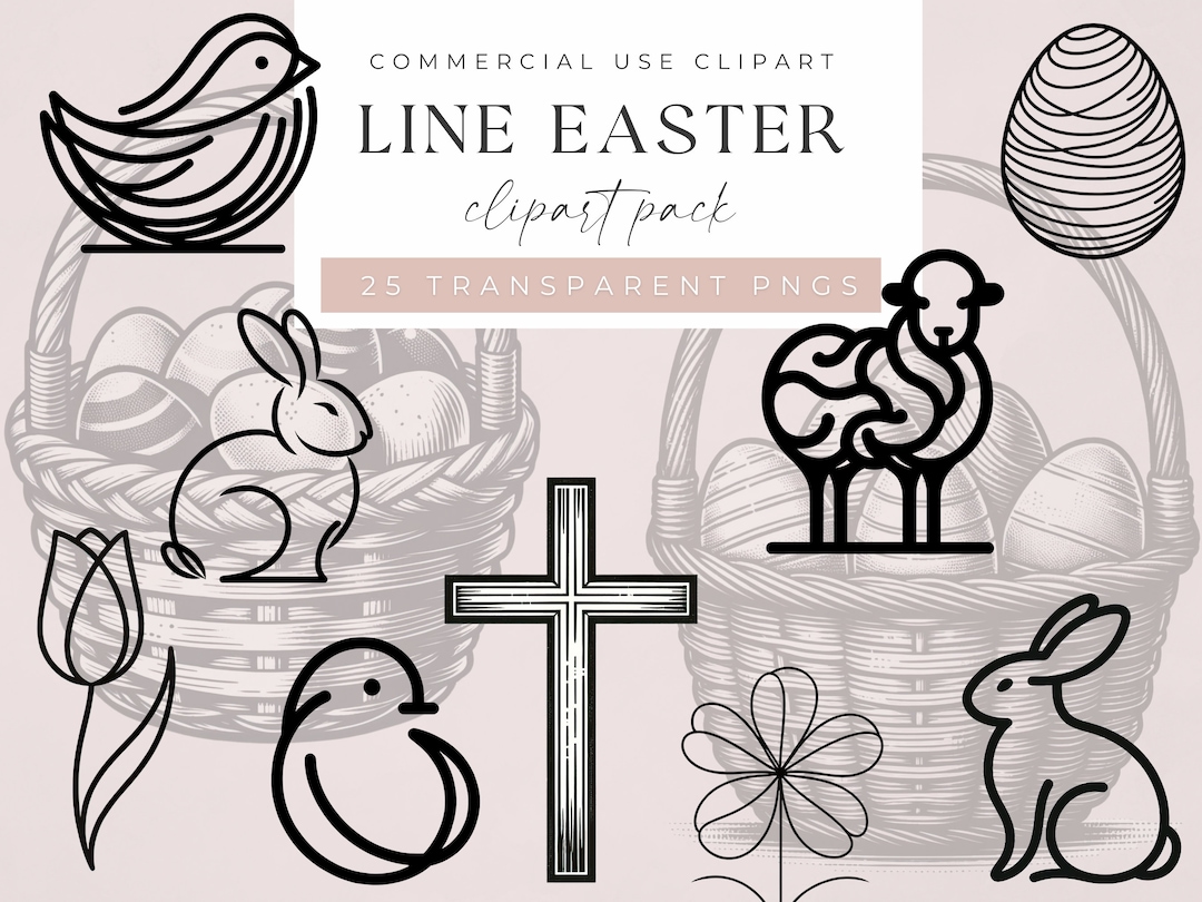 Easter Line Art Clipart: Bunny, Chick, Cross & Flowers (PNG) - Etsy